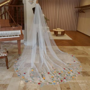 Colorful Wildflowers Wedding Veil Cathedral With 3D Flowers,tulle ...
