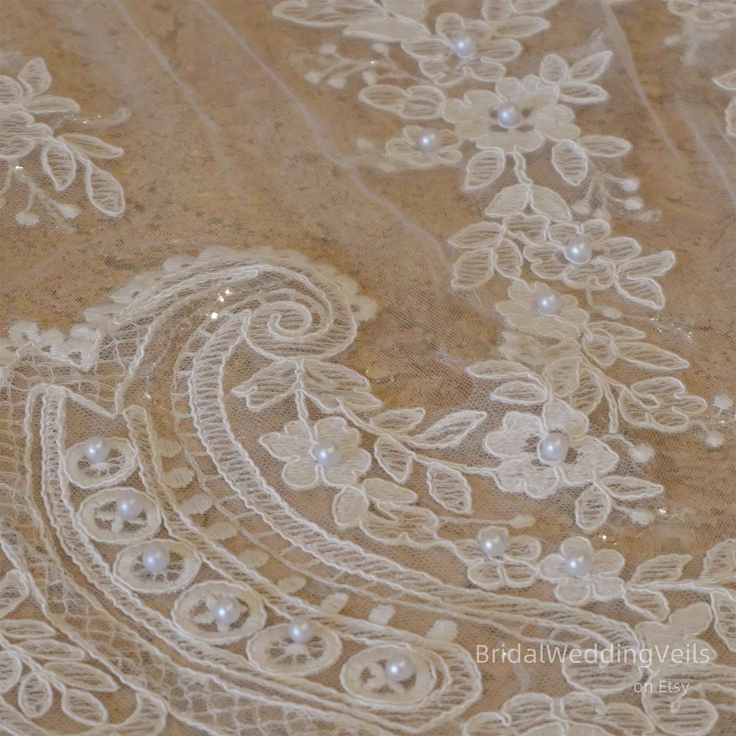 Vintage Lace Wedding Veil With Pearls: Hand-beaded Cathedral Veil - Etsy
