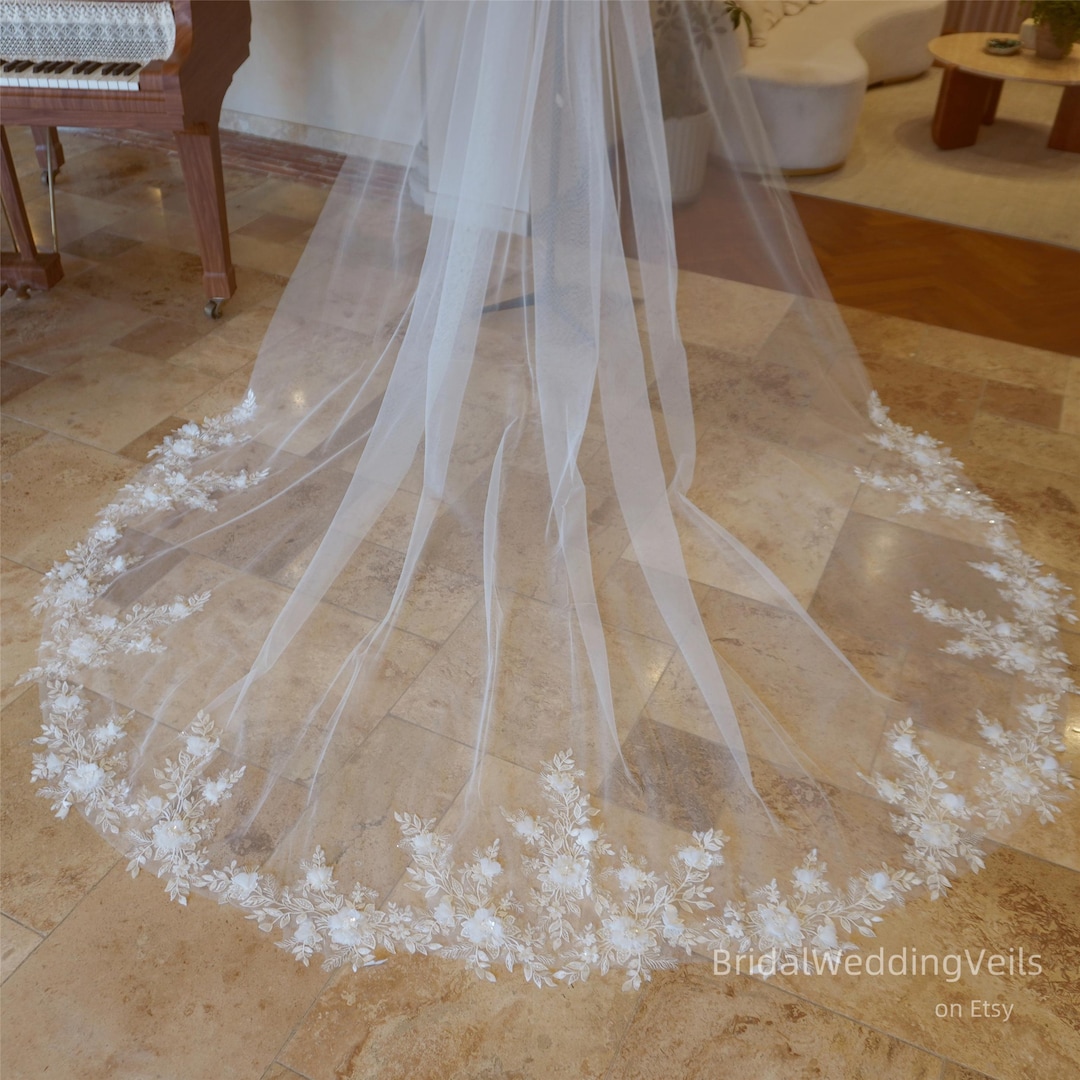 Ivory Lace Wedding Veil Cathedral Length,shiny Sequins Flowers Lace ...