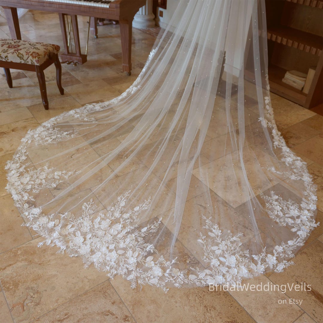 Beaded Wedding Veil With 3D Flowers,ivory Cathedral Veil With Pearls ...