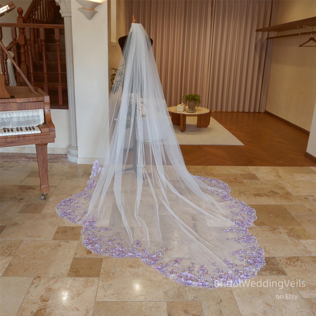 5-rounds Purple Scattered Flowers Wedding Veil Cathedral,purple Floral ...