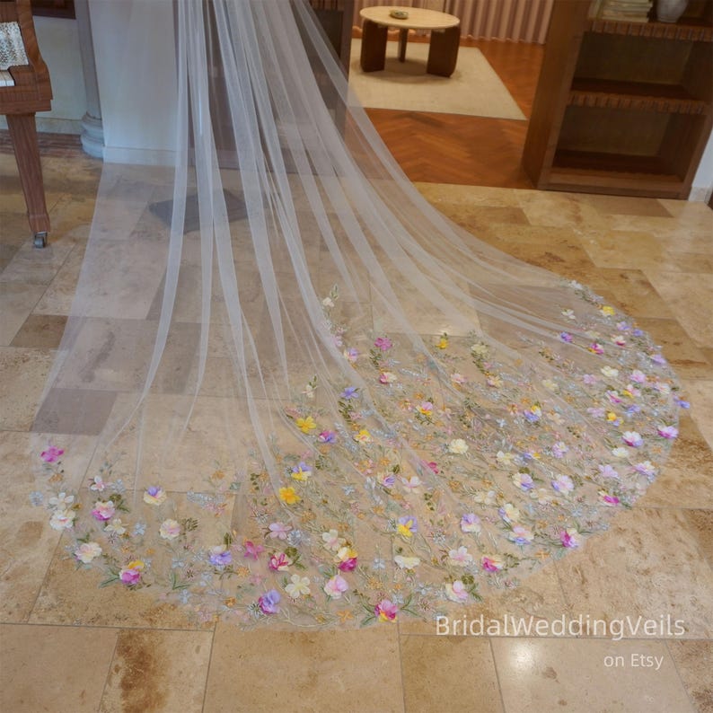 Colorful Wildflowers Wedding Veil Cathedral With 3D Flowers,tulle ...