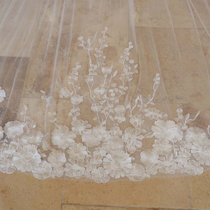 Embroidery 3D Flower Leaf Wedding Veil Cathedral,ivory Tulle Veil,fairy ...