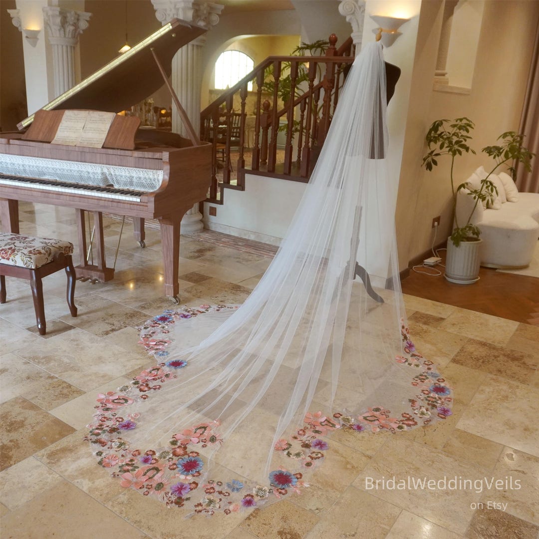 Embroidery Colorful Flowers Floral Cathedral Veil,unique 3-round ...