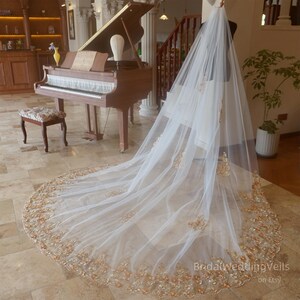 Gold Floral Cathedral Wedding Veil: 3D Flower Lace, Soft Tulle - Etsy