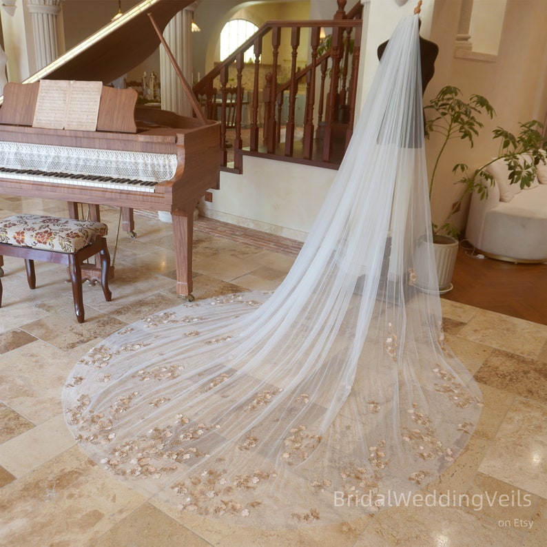 Champagne Embroidery 3D Flower Lace Wedding Veil Cathedral,ivory Tulle ...