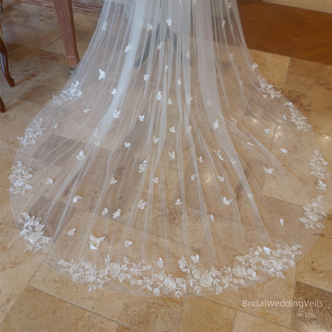 Lace Wedding Veil With Butterfly,embroidered Flower Lace Veil,bridal ...