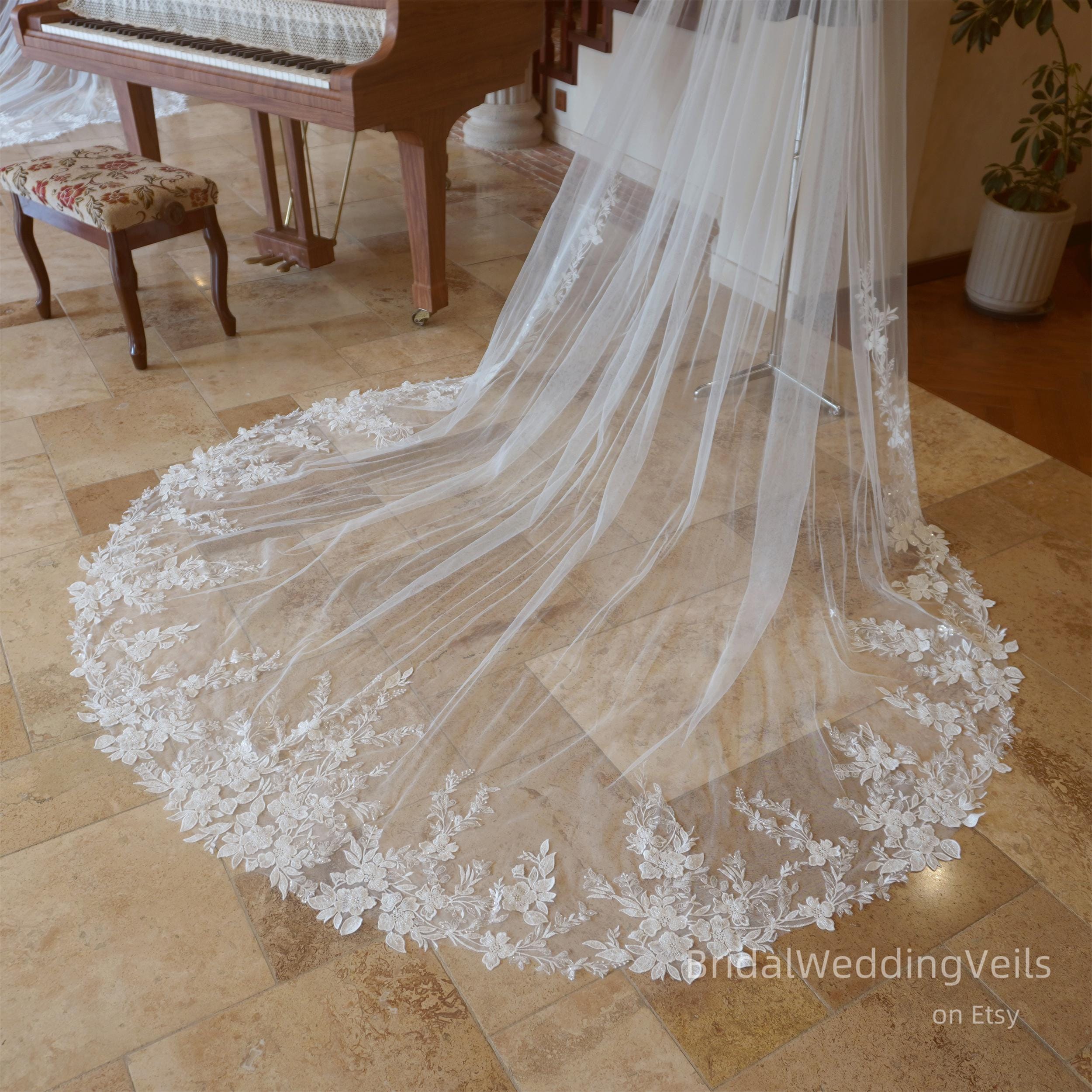 Shiny Beaded Flowers Lace Wedding Veil,cathedral Long Veils for Bride ...