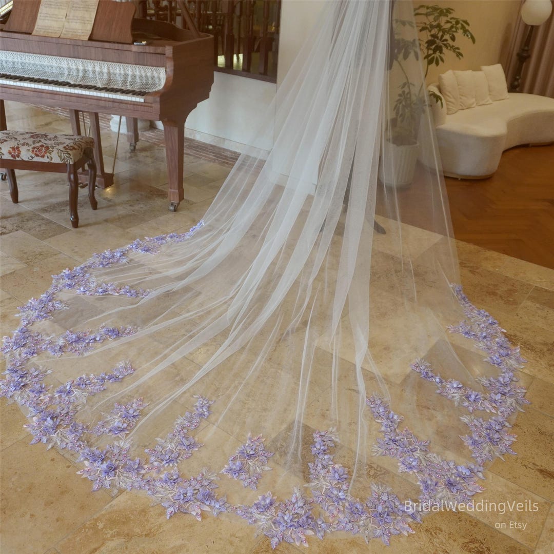 Purple 3D Flower Lace Wedding Veil: Beaded Bridal - Etsy