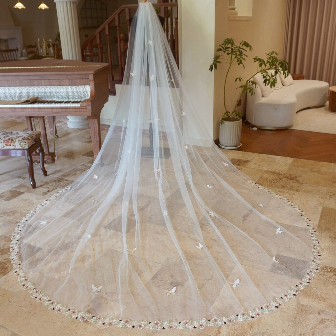 Butterfly Wedding Veil Pink Flower Lace Edge,ivory Tulle Veil,fairy ...