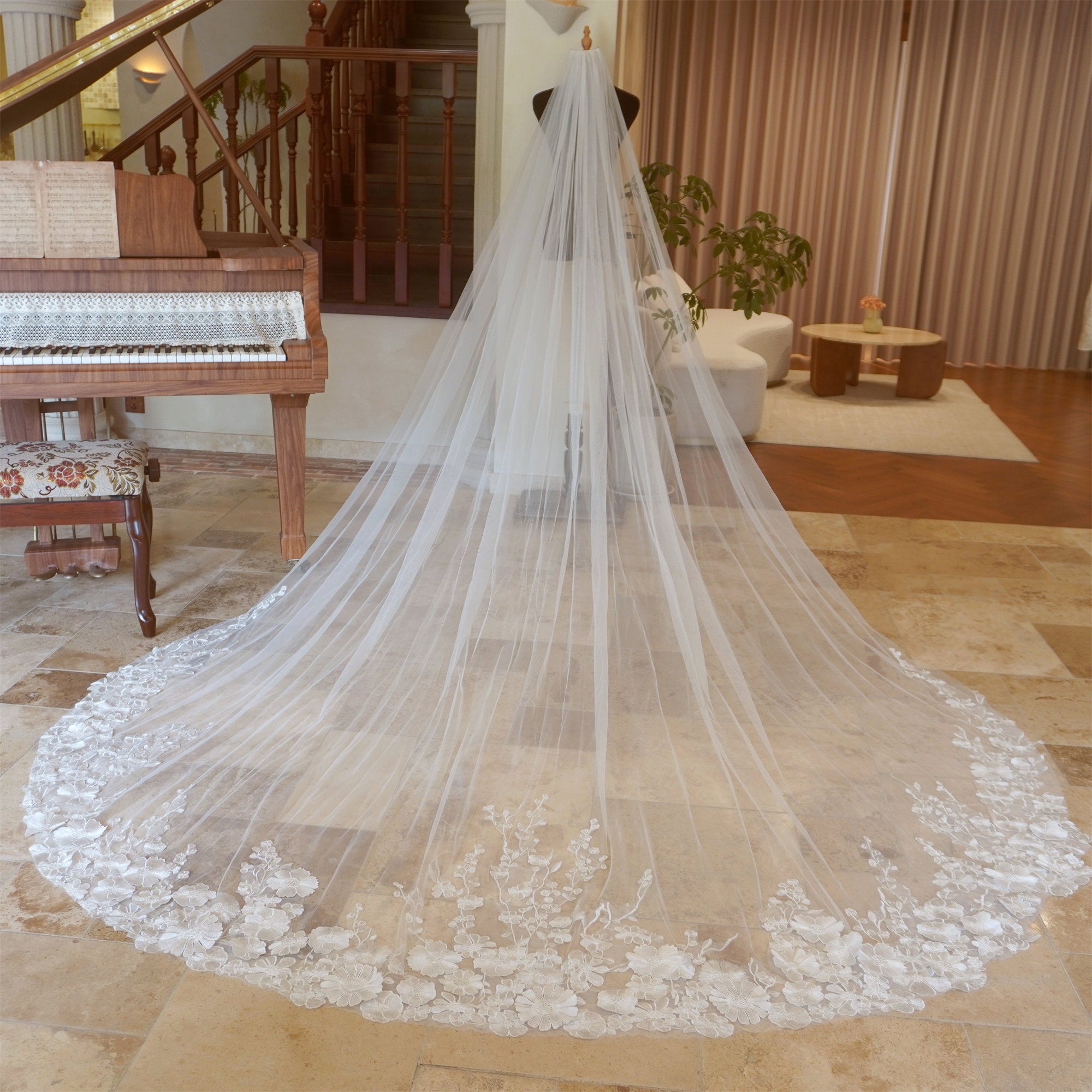 Embroidery 3D Flower Leaf Wedding Veil Cathedral,ivory Tulle Veil,fairy ...