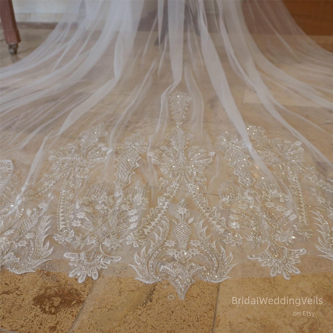 Silver Beading Lace Trim Wedding Veil,cathedral Long Veils for Bride ...