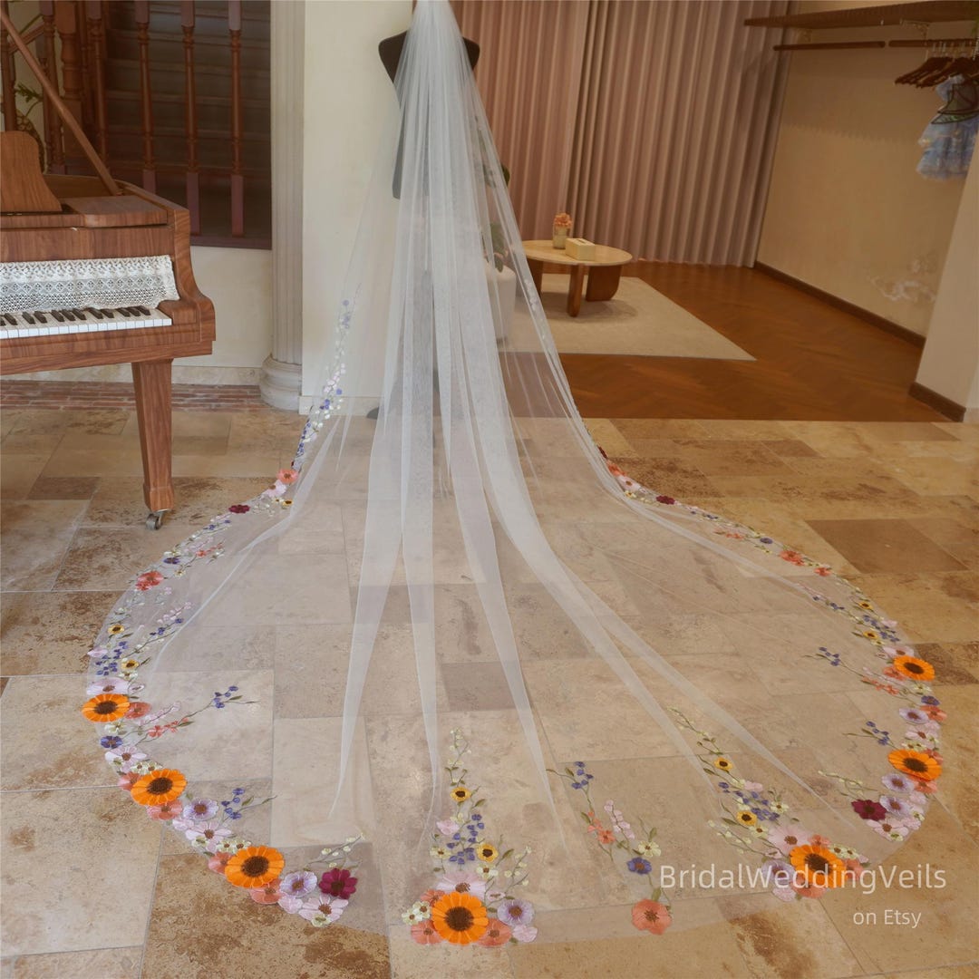 Colorful 3D Sunflower Lace Wedding Veil Cathedral,ivory Tulle Veil ...