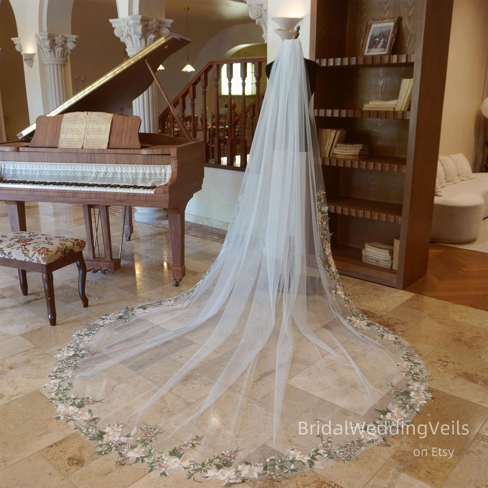 Champagne Green Embroidery Flower Lace Trim Wedding Veil Cathedral ...
