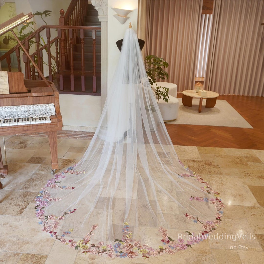 Cathedral Ivory Tulle Colorful Floral Wedding Veil ,purple Pink Lace ...