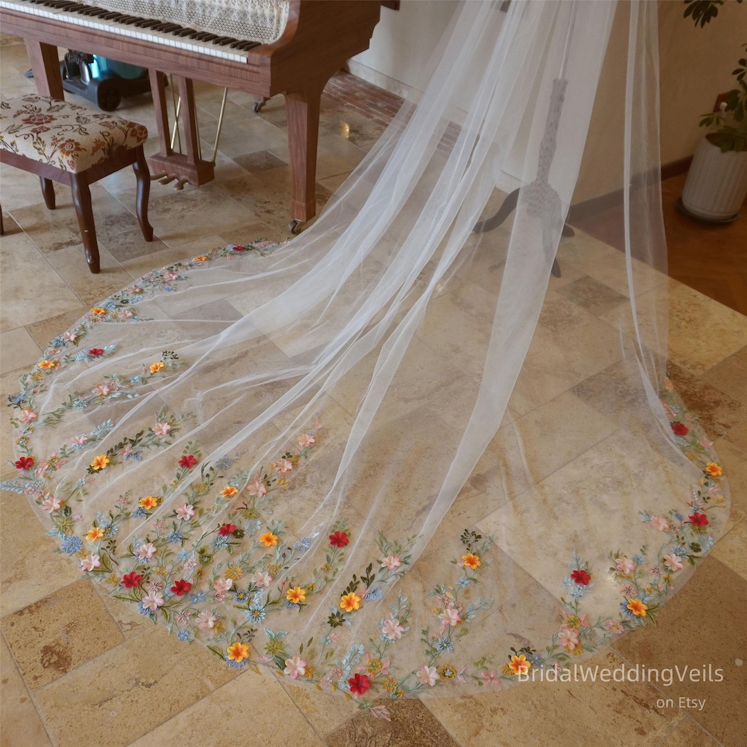Colorful Wildflowers Wedding Veil Cathedral With 3D Flowers,tulle ...