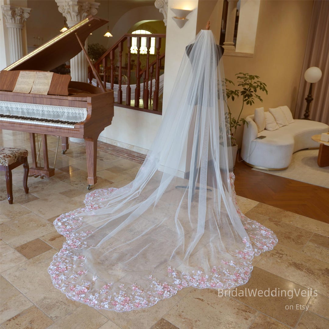 5-rounds Pink Scattered Floral Wedding Veil Cathedral Length,pink ...
