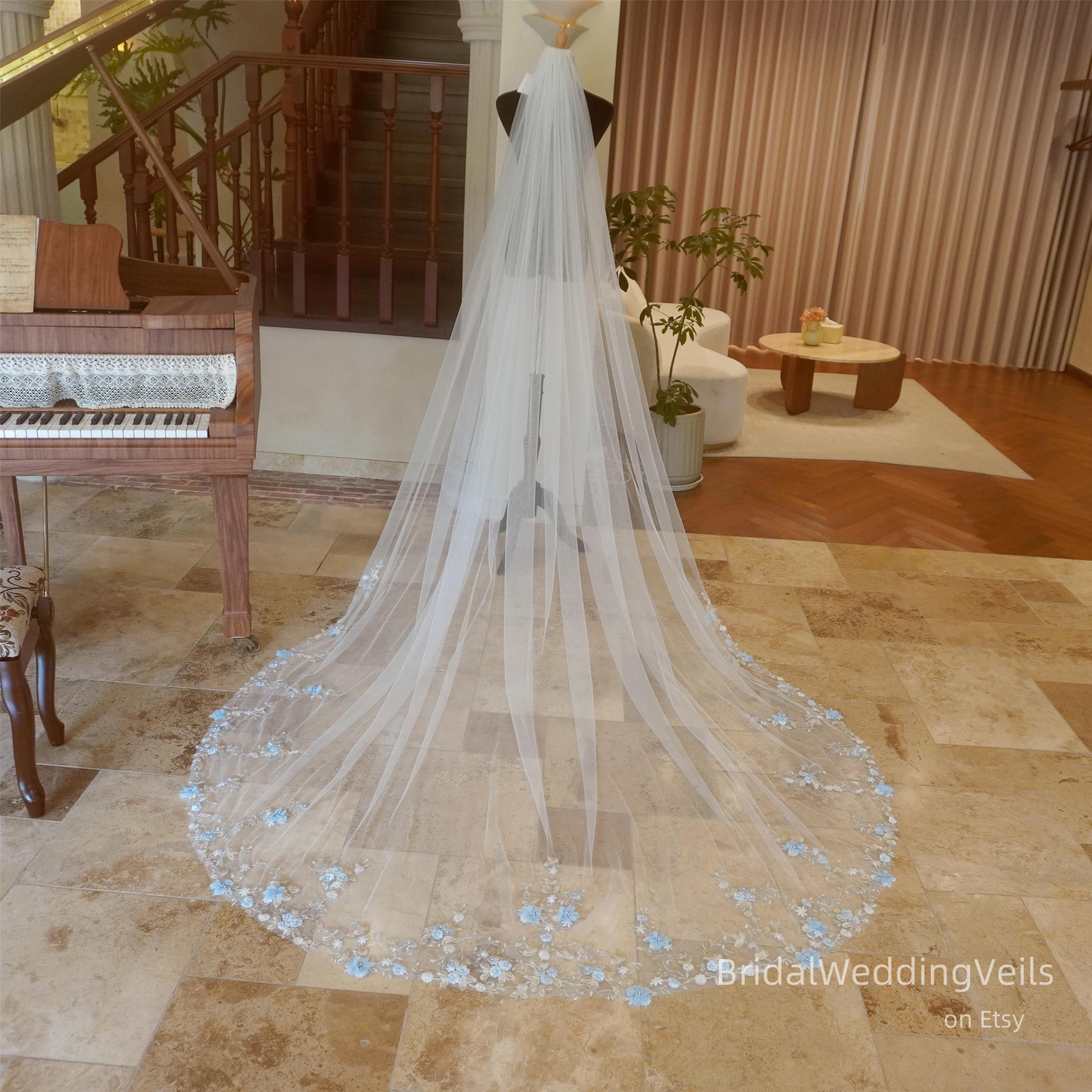 Blue Gold Lace Wedding Veil Cathedral,embroidery 3D Floral Beaded Veil ...