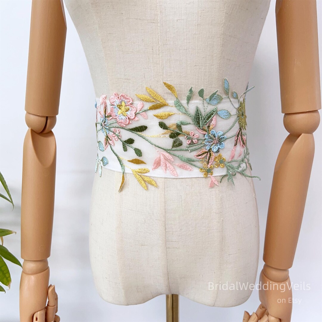 Bridal Belt With Colorful Wildflowers,embroidered Colorful Floral Tulle ...