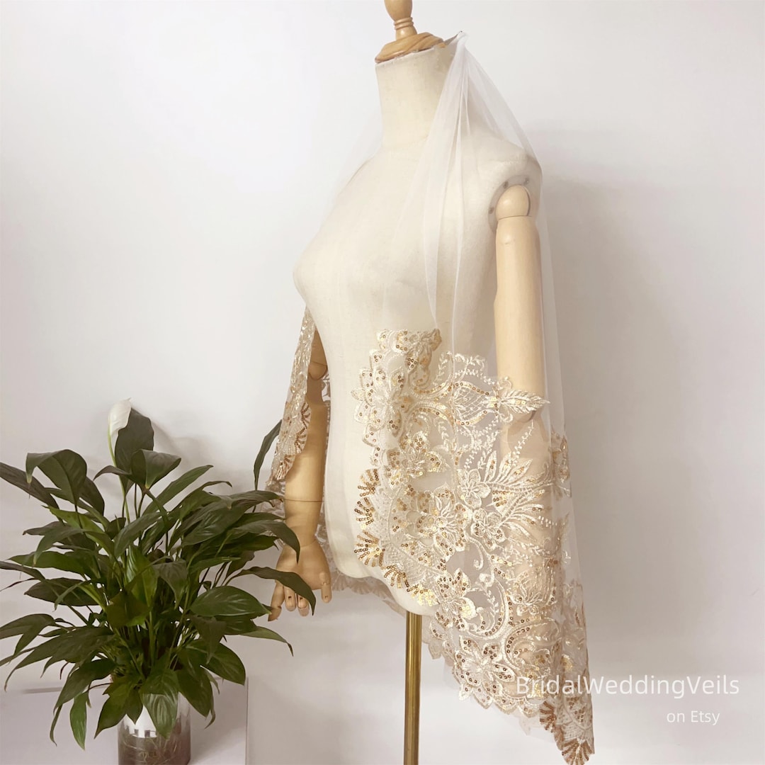 Gold Lace Short Wedding Veil Fingertips Length,sequin Lace Veil,bridal ...