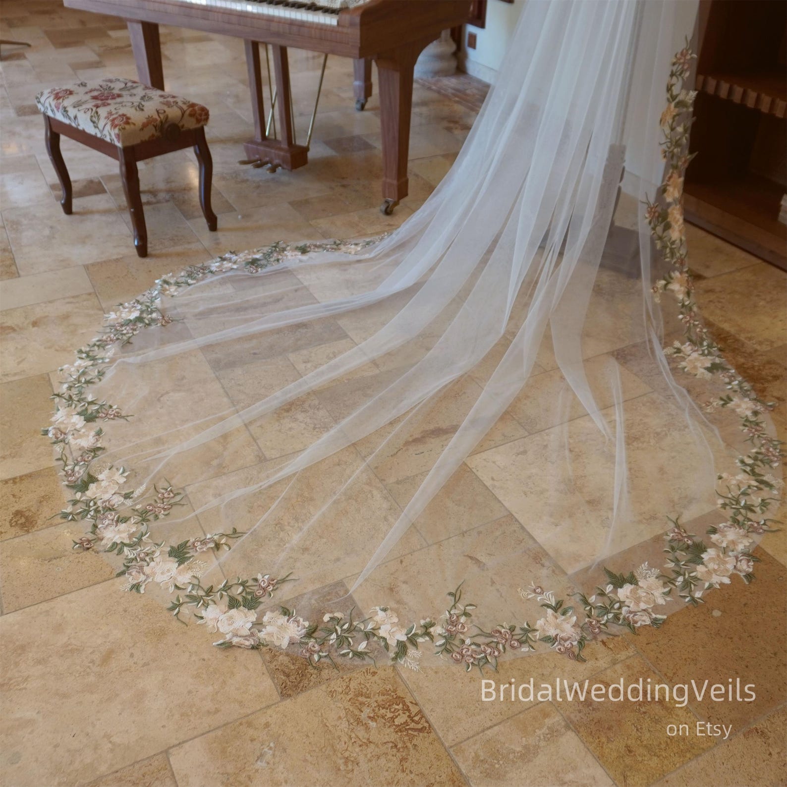Champagne Green Embroidery Flower Lace Trim Wedding Veil Cathedral ...