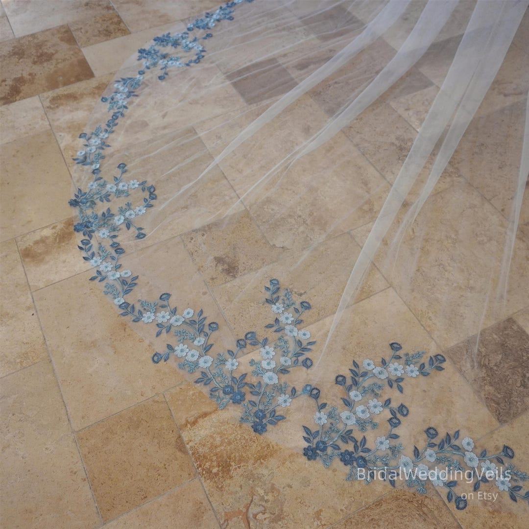 Dusty Blue Flowers Lace Wedding Veil Cathedral,ivory White Beige ...