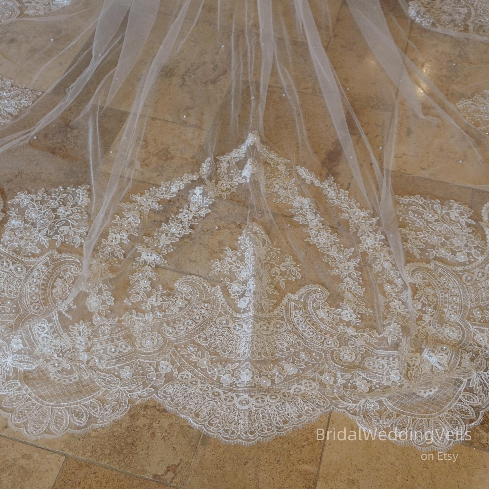 Vintage Lace Wedding Veil With Pearls: Hand-beaded Cathedral Veil - Etsy