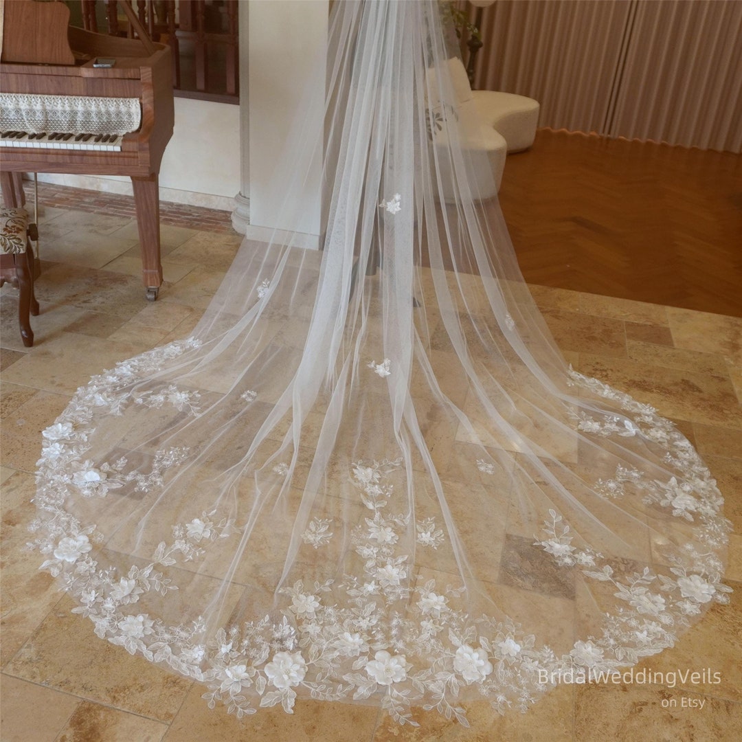 3D Flower Embroidery Leaf Wedding Veil Cathedral,ivory Tulle Veil,fairy ...