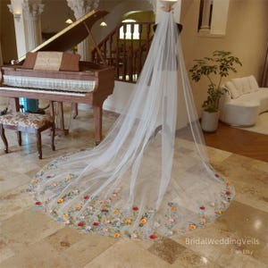 Colorful Wildflowers Wedding Veil Cathedral With 3D Flowers,tulle ...