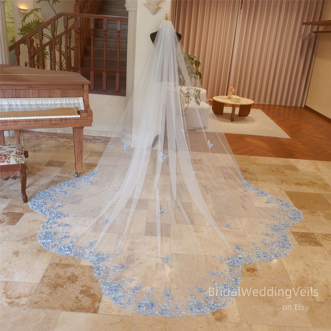 5-rounds Blue Scattered Floral Wedding Veil Royal Length,blue Flowers ...
