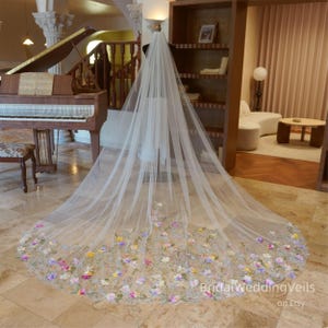 Colorful Wildflowers Wedding Veil Cathedral With 3D Flowers,tulle ...