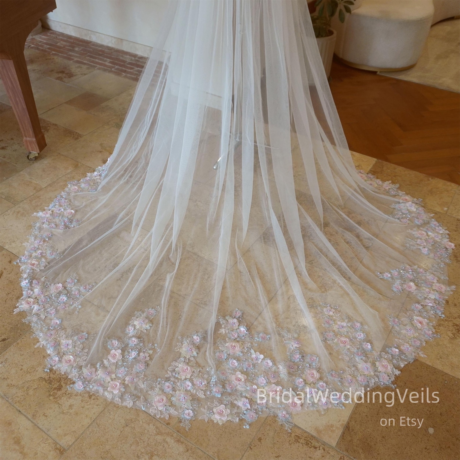 3D Pink & Blue Floral Lace Wedding Veil: Colorful Beaded Fairy Bridal ...