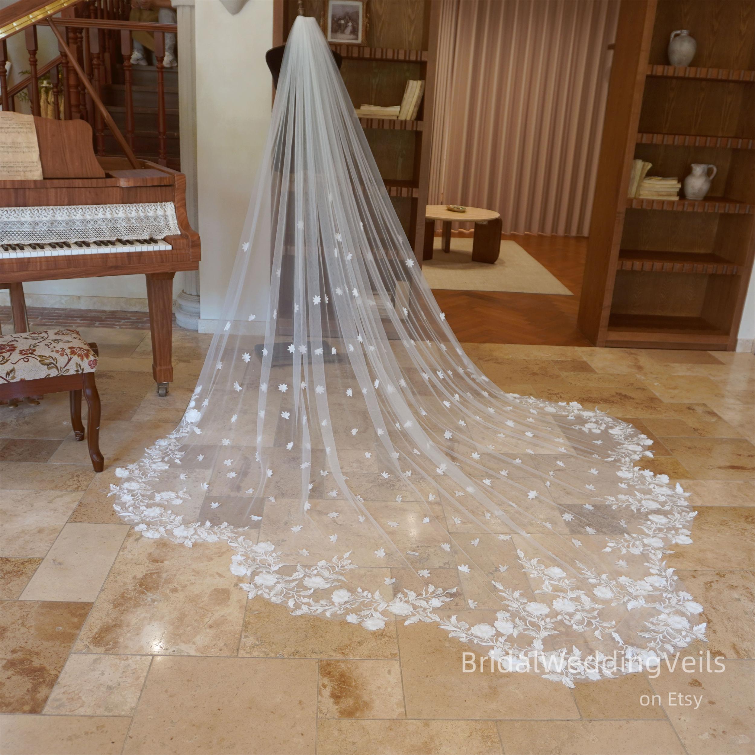 3D Flower Embroidery Cathedral Wedding Veil - Scalloped Lace Bridal ...