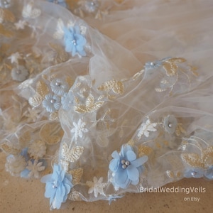 Blue Gold Lace Wedding Veil Cathedral,embroidery 3D Floral Beaded Veil ...
