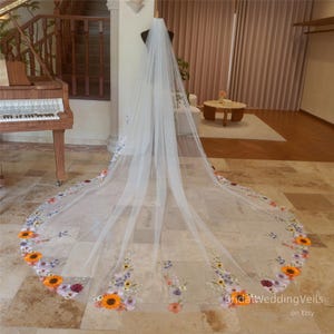 Colorful 3D Sunflower Lace Wedding Veil Cathedral,ivory Tulle Veil ...