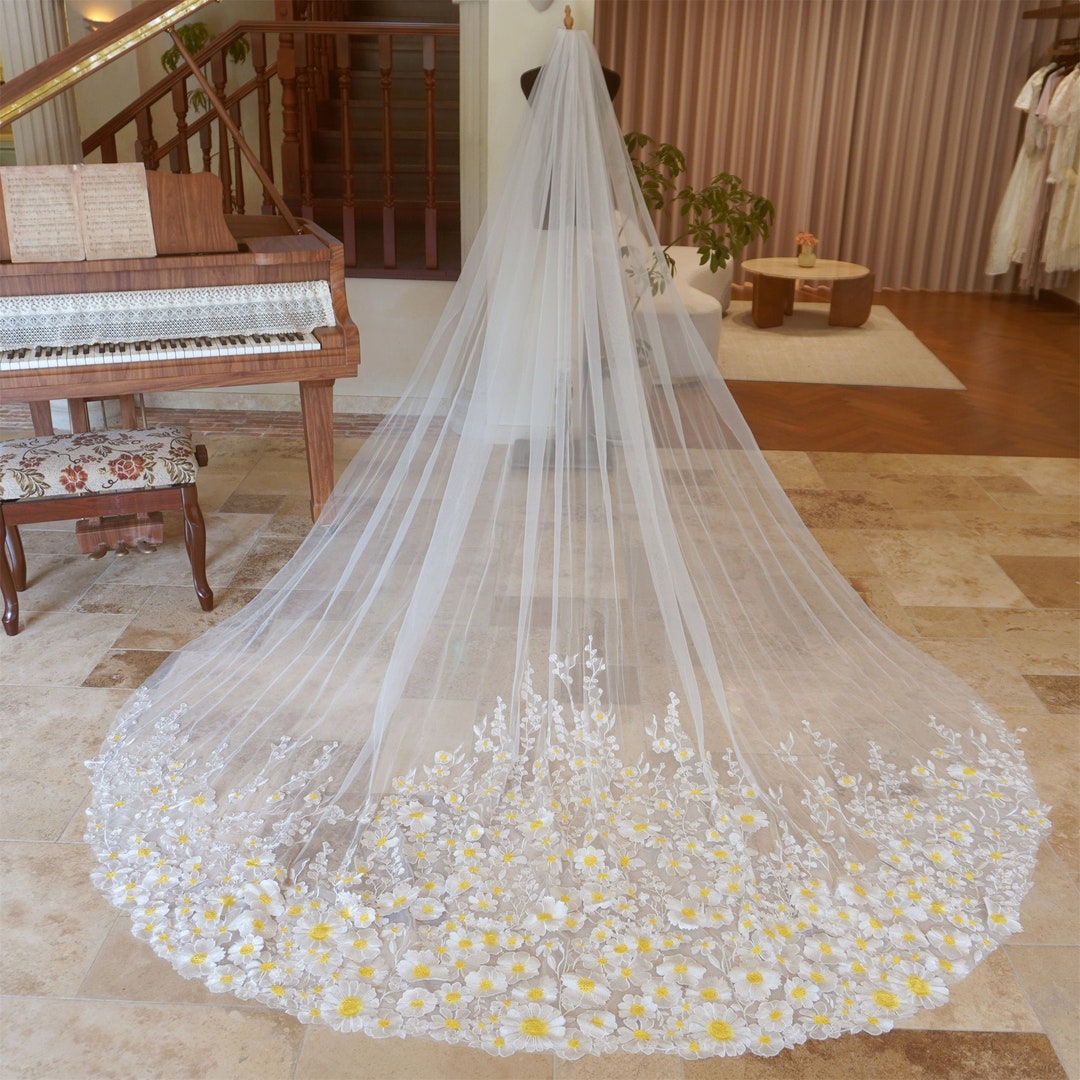 Customized Veil,ivory Cathedral Wedding Veil With Embroidery Sunflowers ...