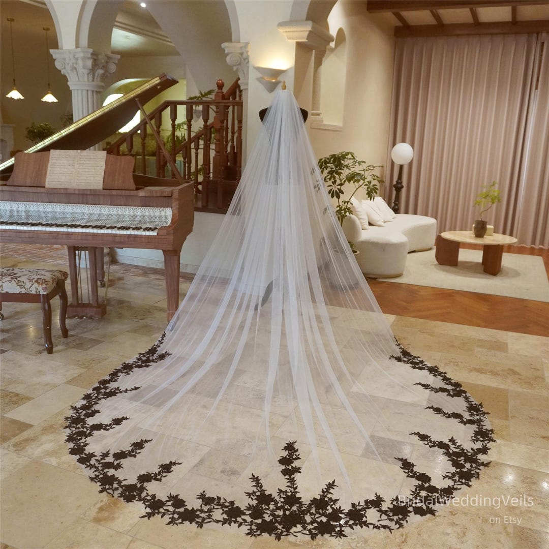 Black Lace Wedding Veil Cathedral,soft Tulle Veils,bridal Veil for ...