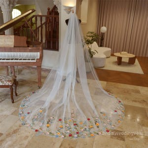 Colorful Wildflowers Wedding Veil Cathedral With 3D Flowers,tulle ...