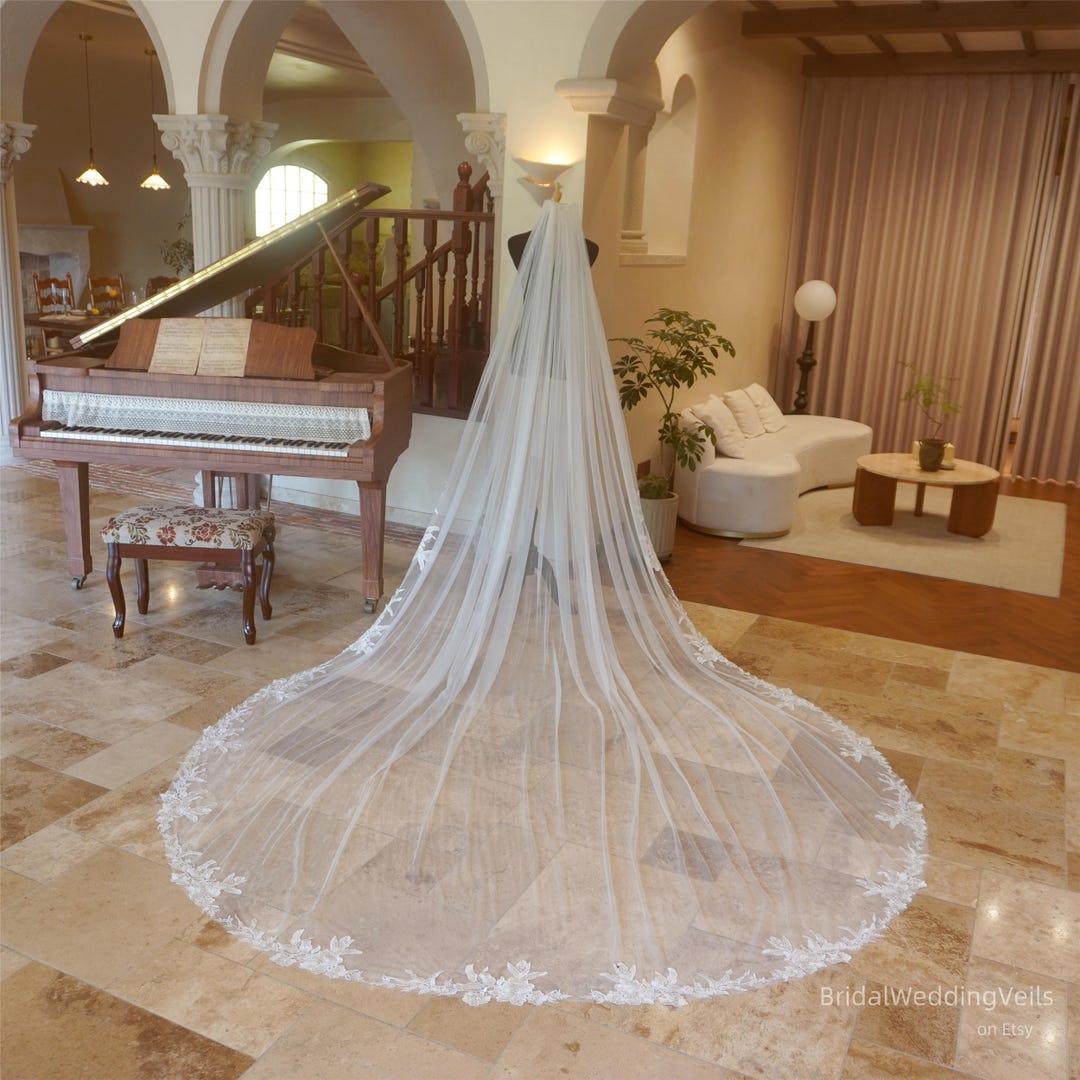 Lace Trim Wedding Veil Royal Length,ivory Tulle Veil,fairy Bridal Veil ...