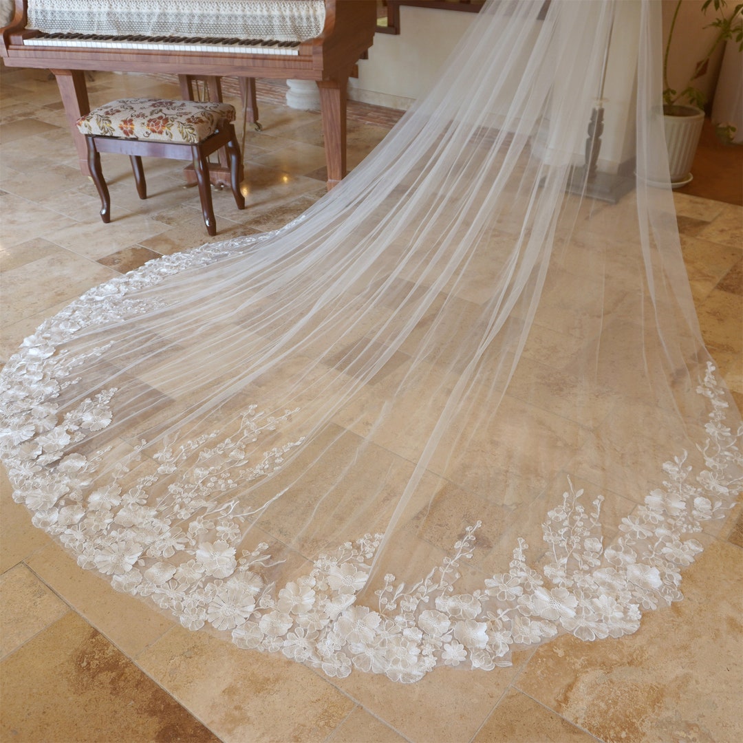 Embroidery 3D Flower Leaf Wedding Veil Cathedral,ivory Tulle Veil,fairy ...
