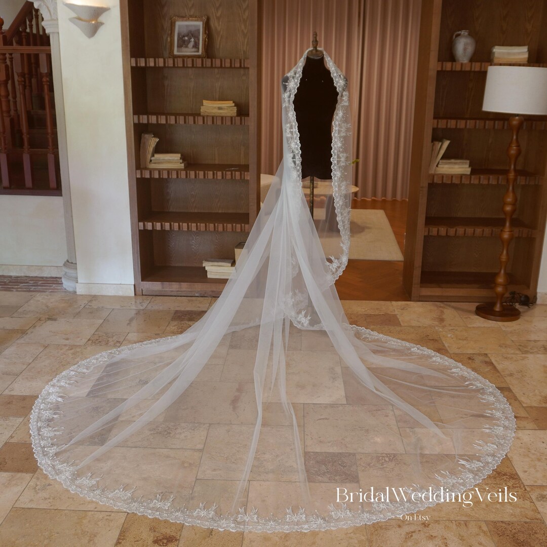 Velo de novia tipo mantilla, con ribete de encaje brillante con cuentas ...