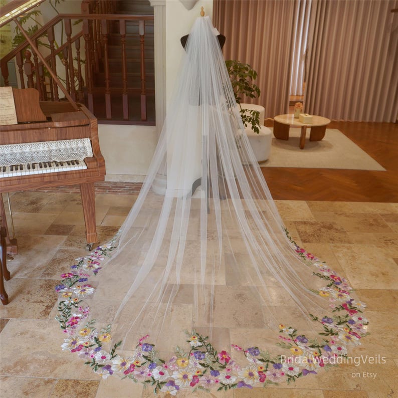 Ivory Tulle Colorful Lace Floral Wedding Veil Cathedral Length,colorful ...