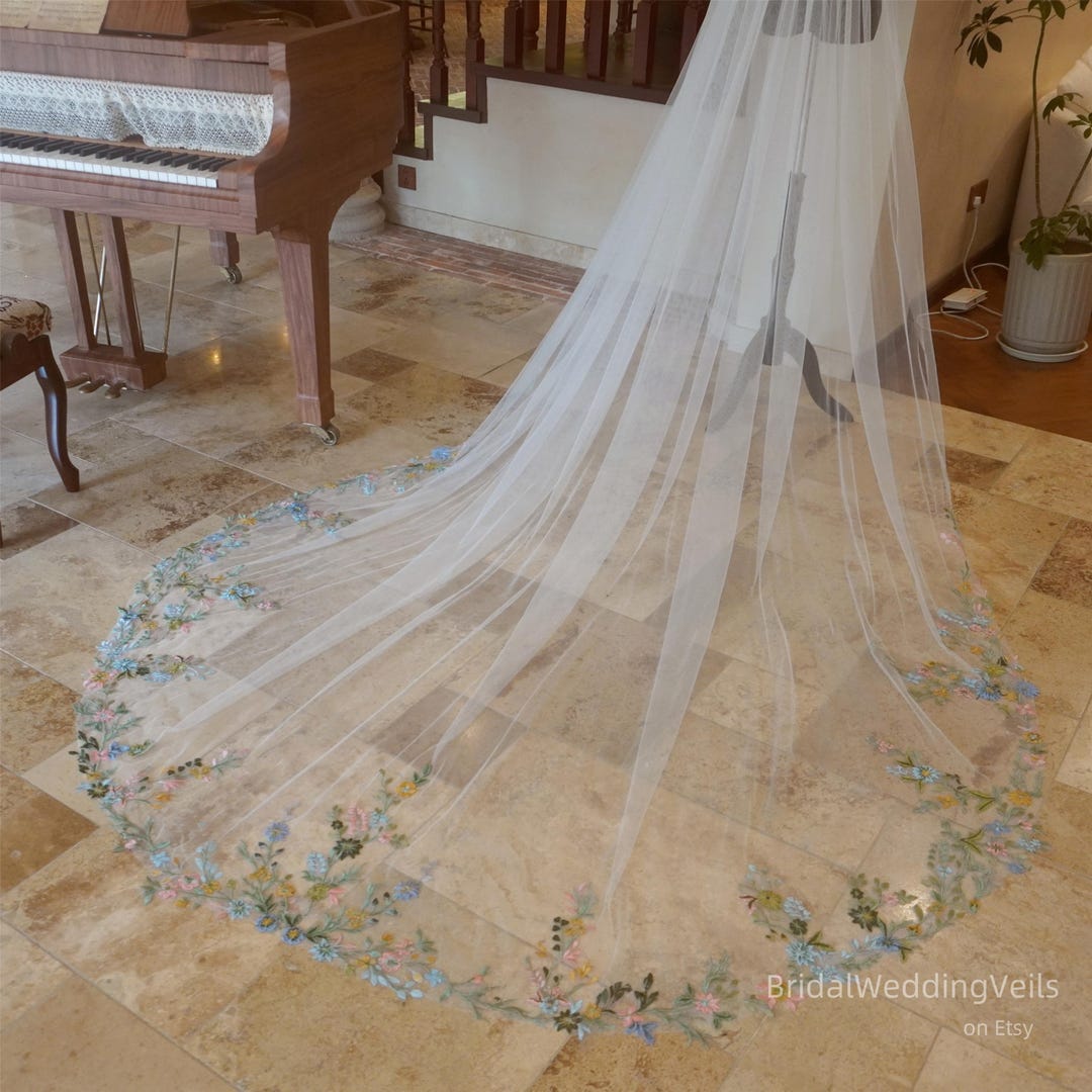 Colorful Embroidery Wildflowers Summer Wedding Veil Cathedral Length ...