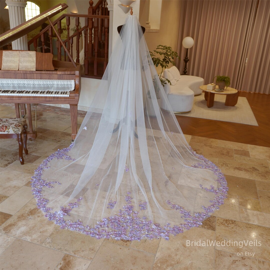 Purple Beaded Lace Wedding Veil Cathedral Length,scattered 3D Flowers ...