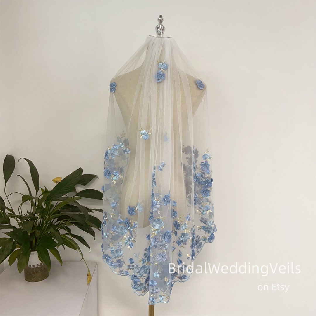 Blue Floral Short Wedding Veil,blue 3D Flowers Lace Veil,soft Tulle ...