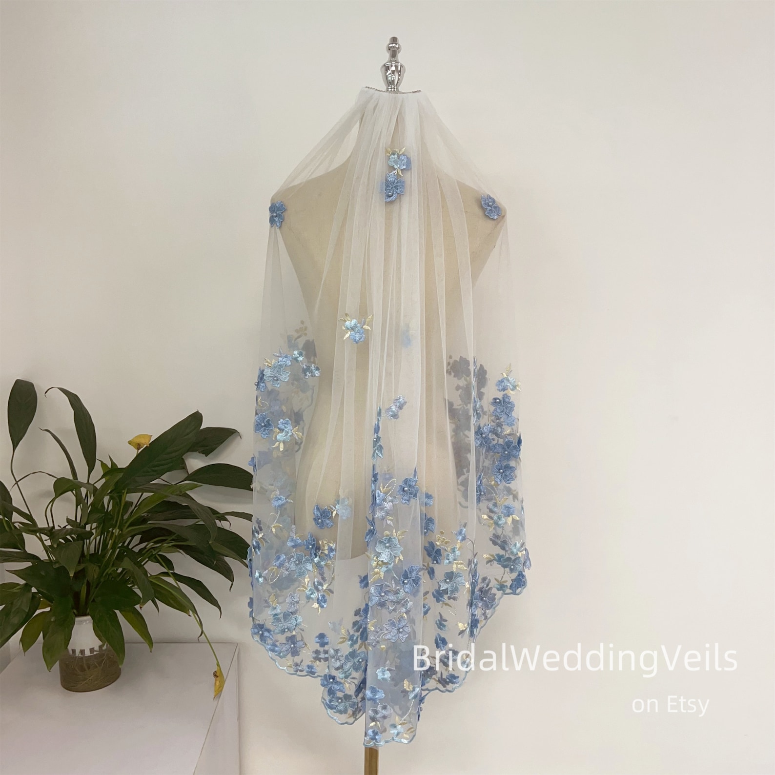Blue Floral Short Wedding Veil,blue 3D Flowers Lace Veil,soft Tulle ...