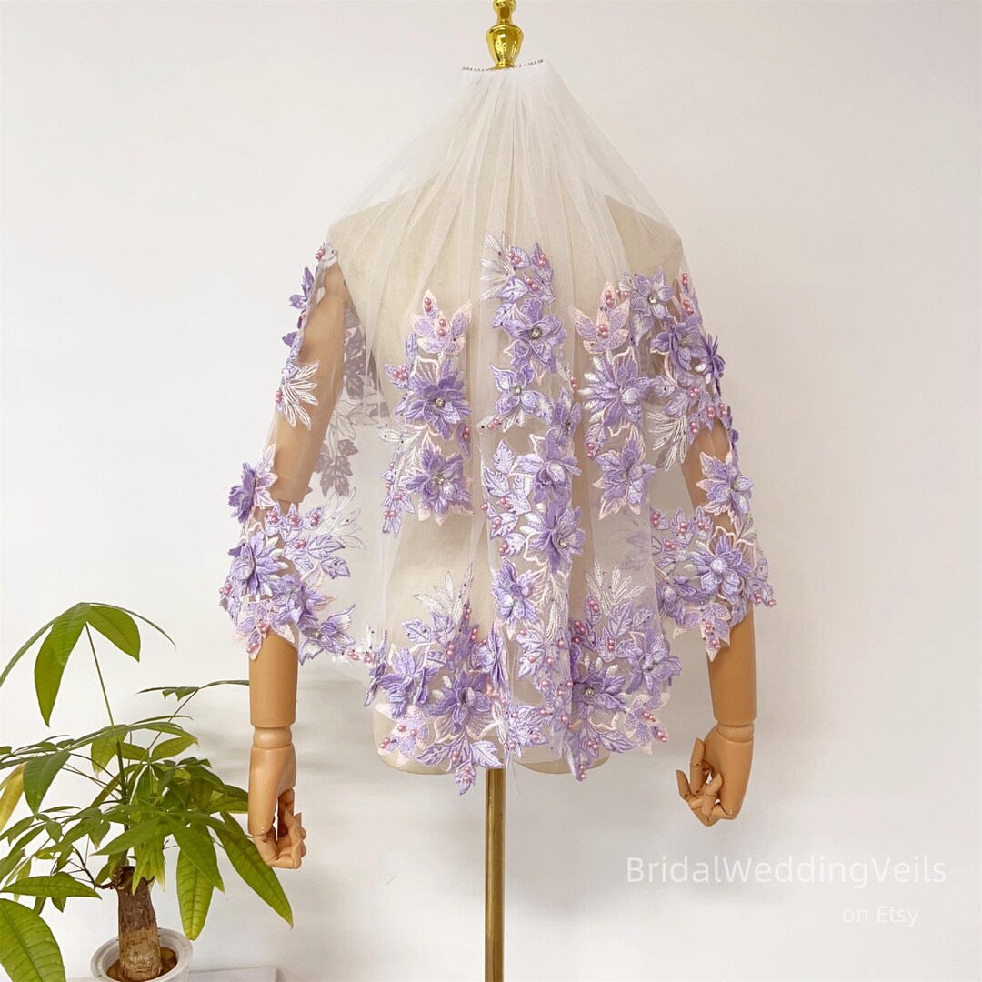 Purple 3D Flower Lace Wedding Veil With Purple Beads,beaded Lace Veils ...