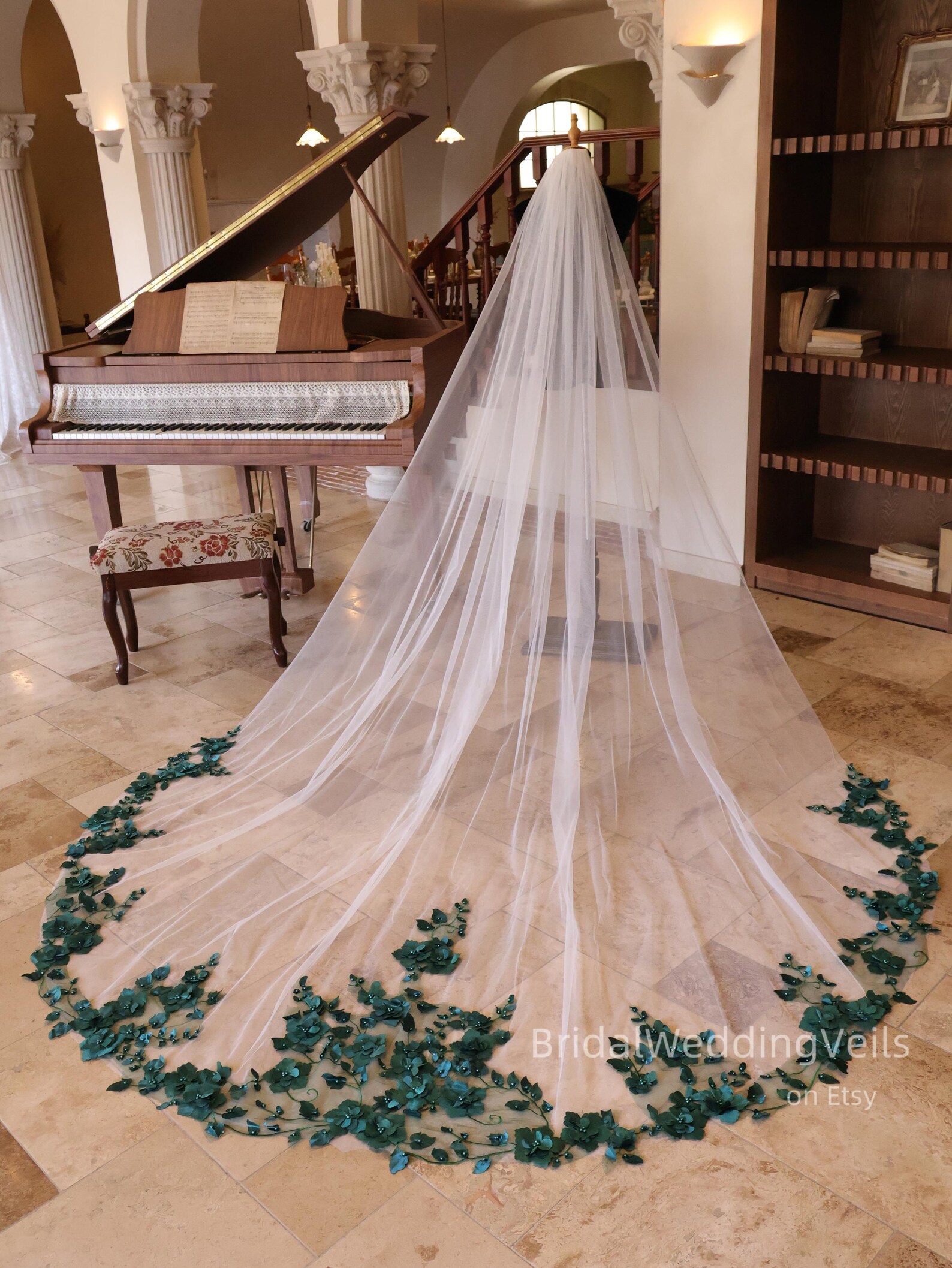 Dark Green 3D Flower Lace Wedding Veil: Beaded Floral Bridal Veil,green ...