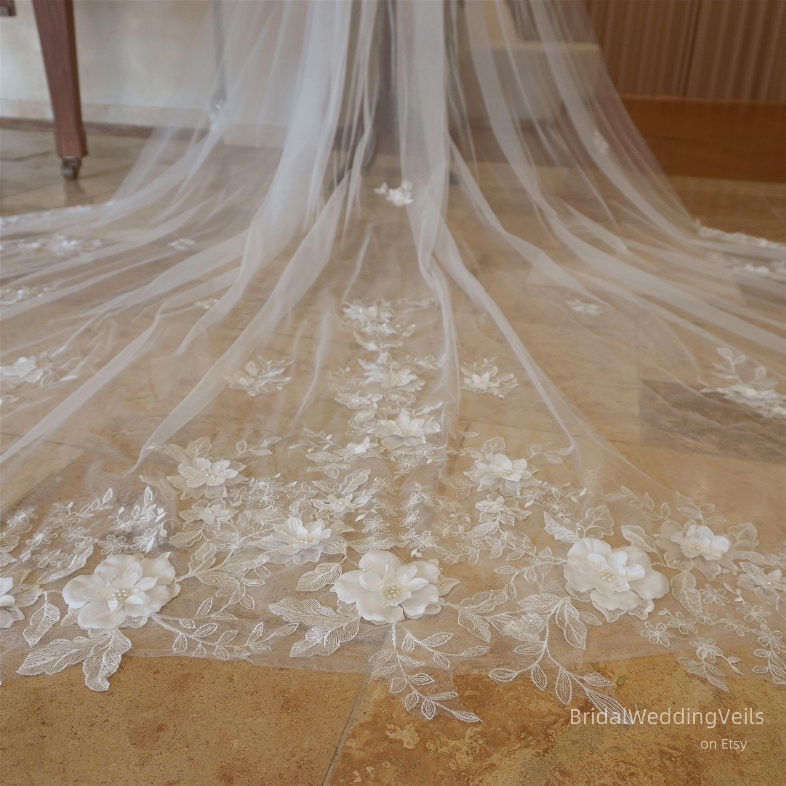 3D Flower Embroidery Leaf Wedding Veil Cathedral,ivory Tulle Veil,fairy ...