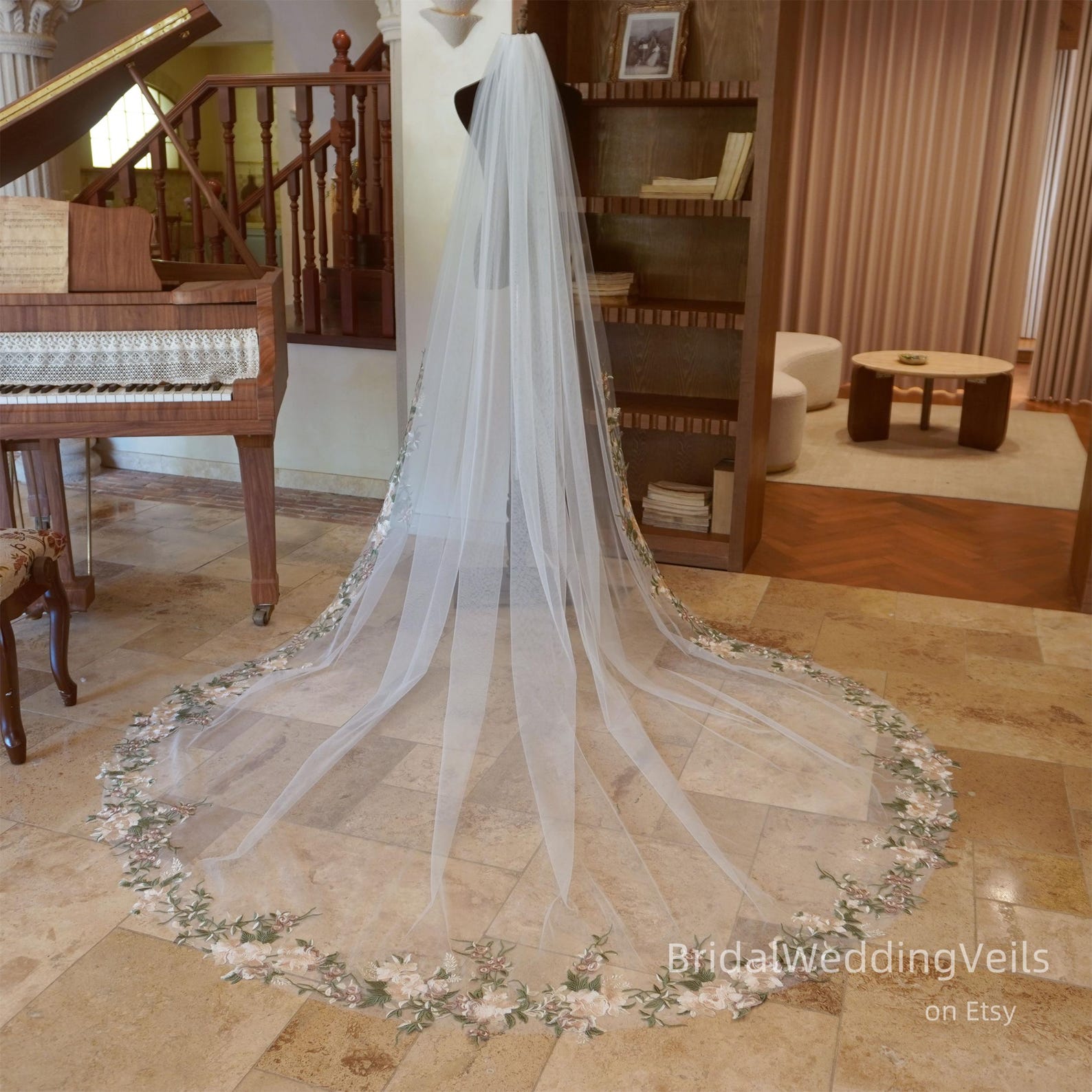 Champagne Green Embroidery Flower Lace Trim Wedding Veil Cathedral ...